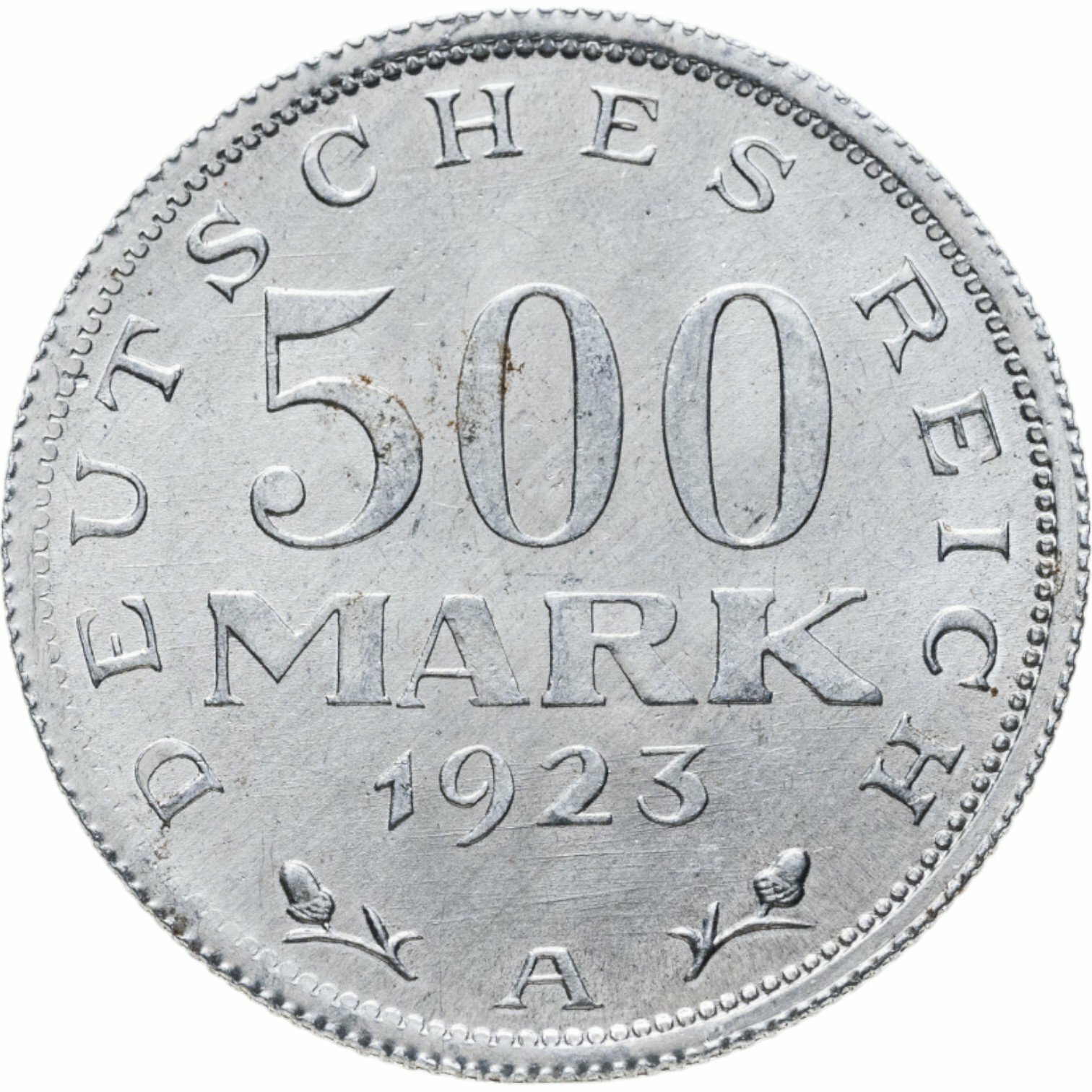 Германия 500 марок mark 1923, знак монетного двора "A" — Берлин, Алюминий, в сохранности UNC