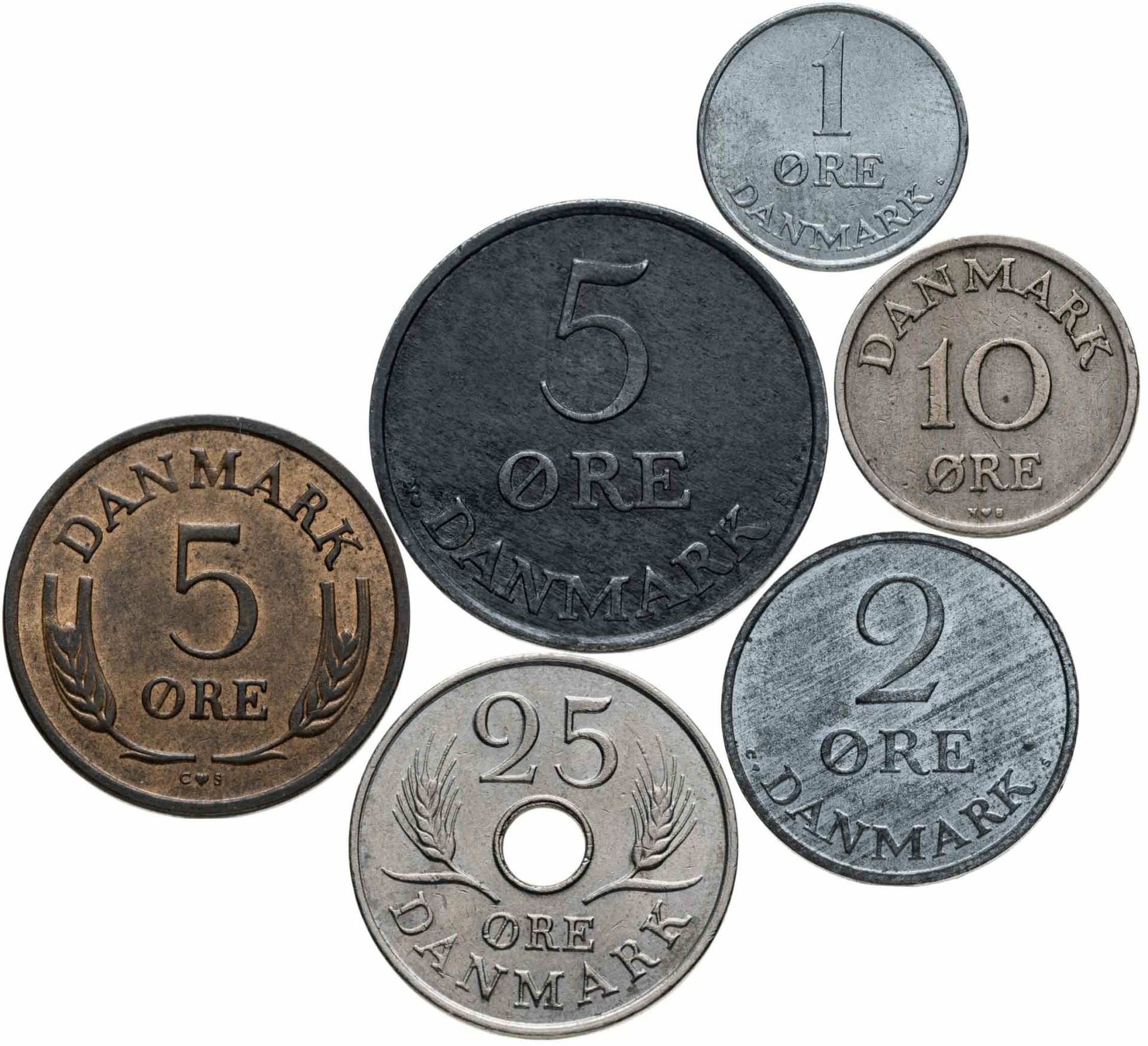 Дания, набор из 6 монет 1948-1970 Король Фредерик IX, Бронза, Мельхиор, в сохранности XF-UNC