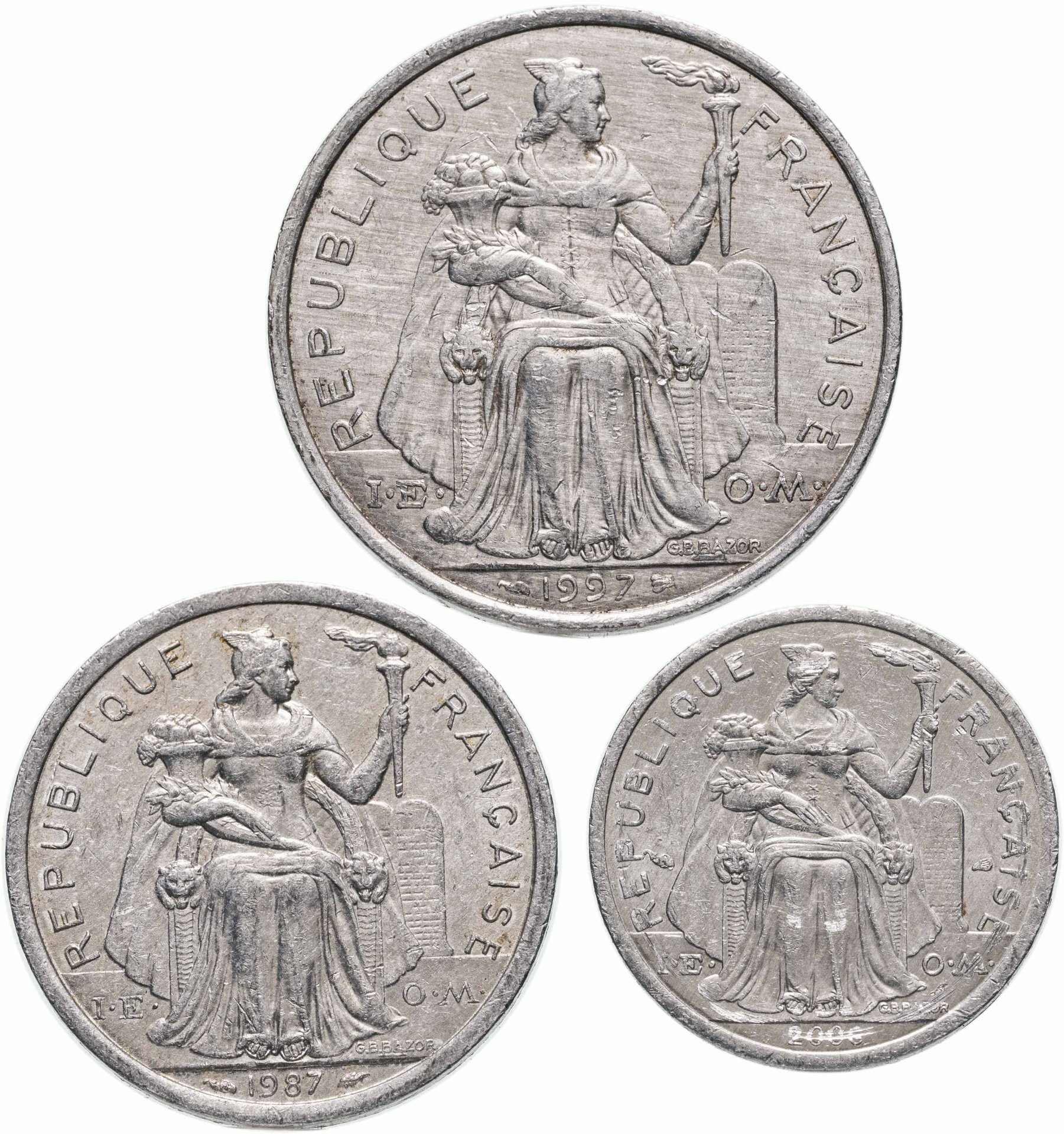 Новая Каледония набор 1,2,5 франков 1975-2010, Алюминий, в сохранности VF-XF