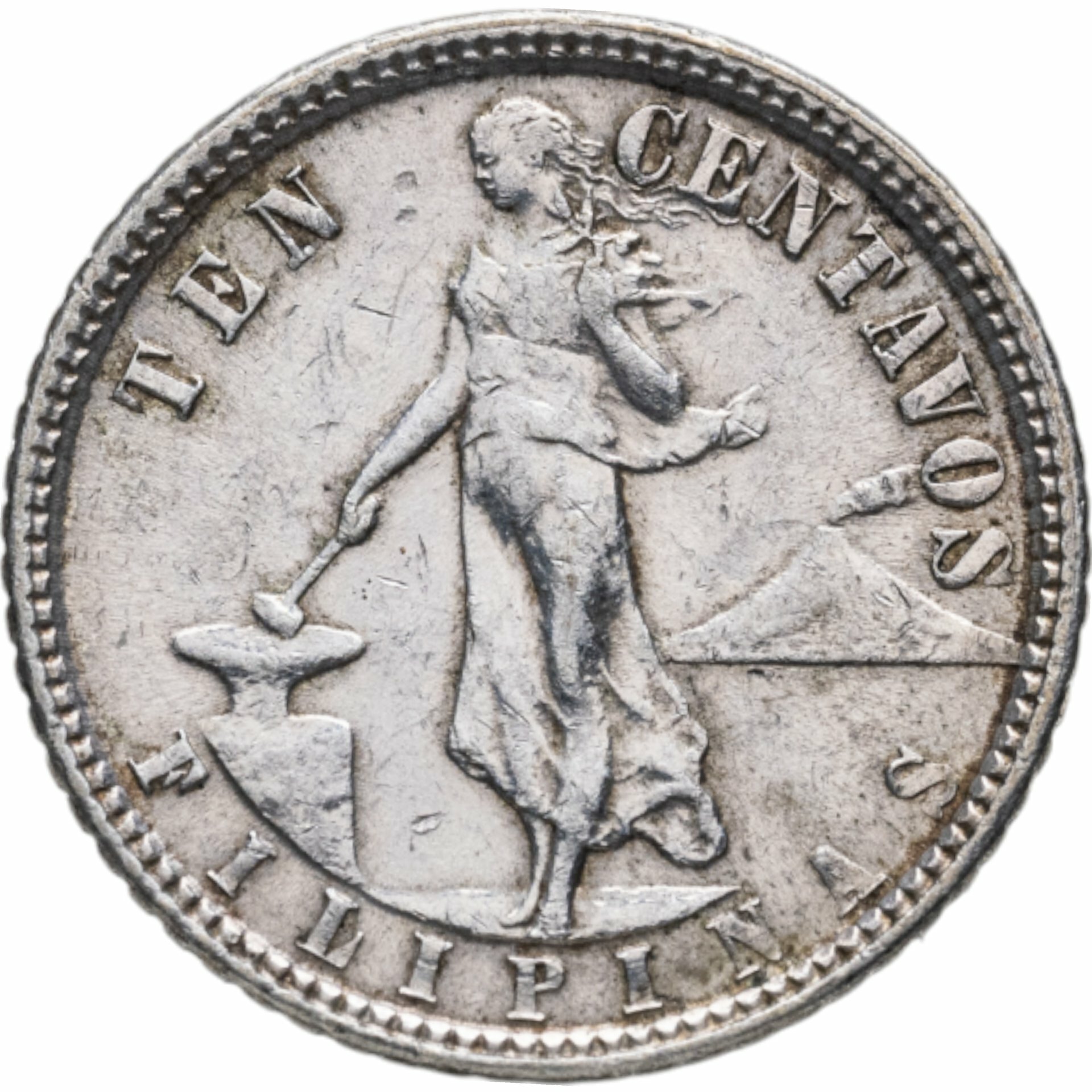 Филиппины 10 сентаво centavos 1937, Серебро 750, в сохранности XF