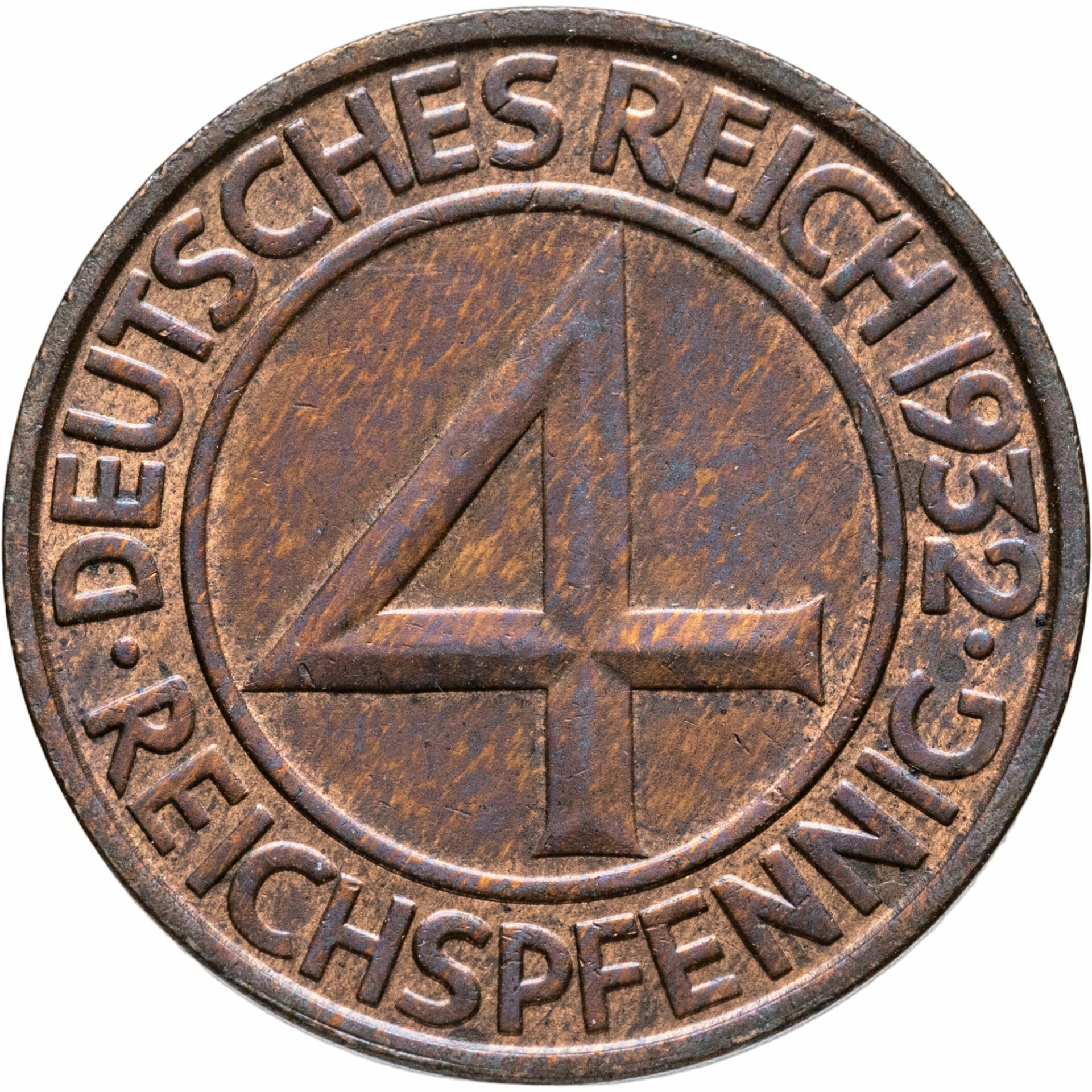 Германия 4 рейхспфеннига reichspfennig 1932, знак монетного двора "F" — Штутгарт, Бронза, в сохранности AU