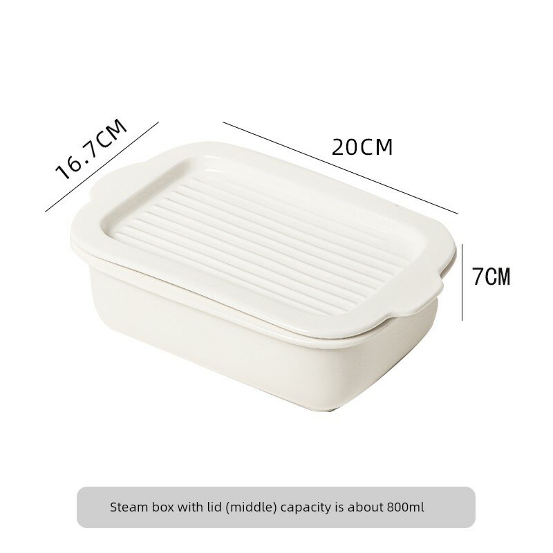 Прямоугольная чаша для пара с крышкой среднего размера, безопасная для микроволновки, белая керамическая посуда для