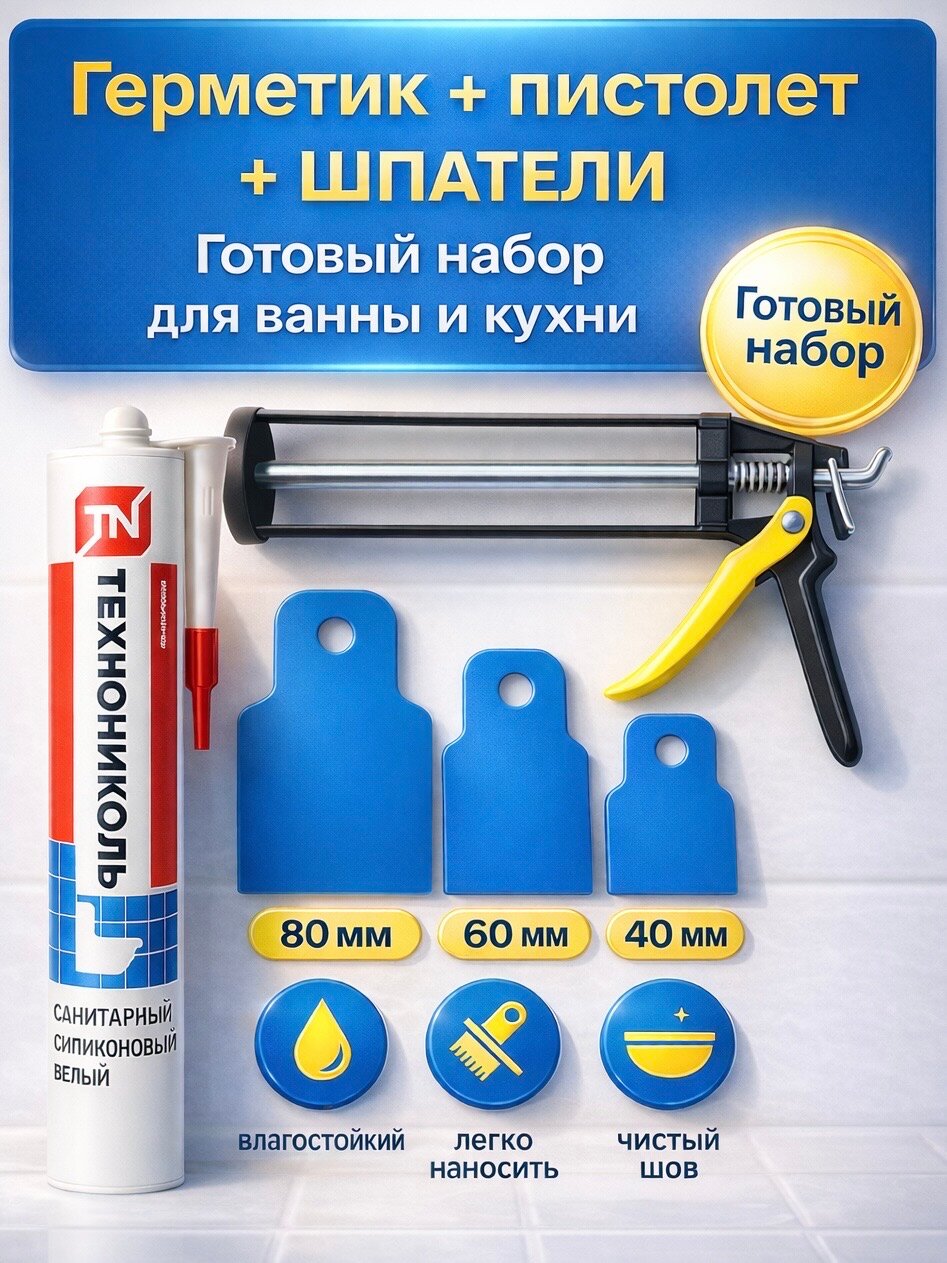 Герметизирующий набор, герметик силиконовый санитарный 280 мл, белый, с монтажным пистолетом и набором шпателей