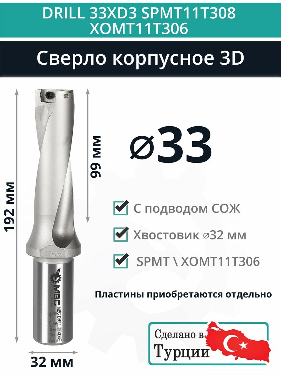 DRILL 33XD3 SPMT11T308 XOMT11T306 сверло корпусное - 33 мм / пластина SPMT11T308; XOMT11T306