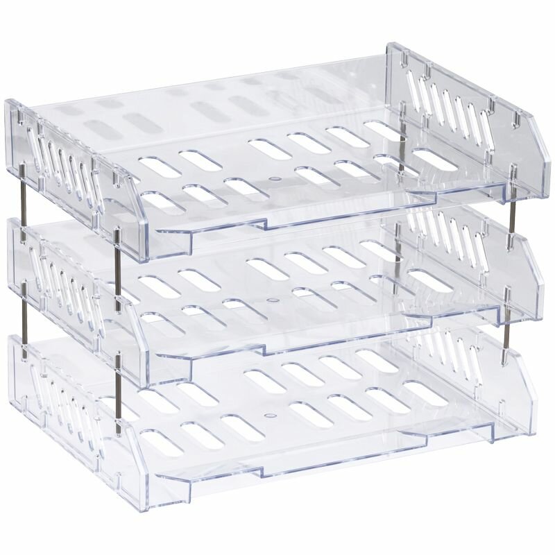 Лоток для бумаг горизонтальный СТАММ "Сити", набор 3шт, на мет. стержнях, широкая загрузка, прозрачный