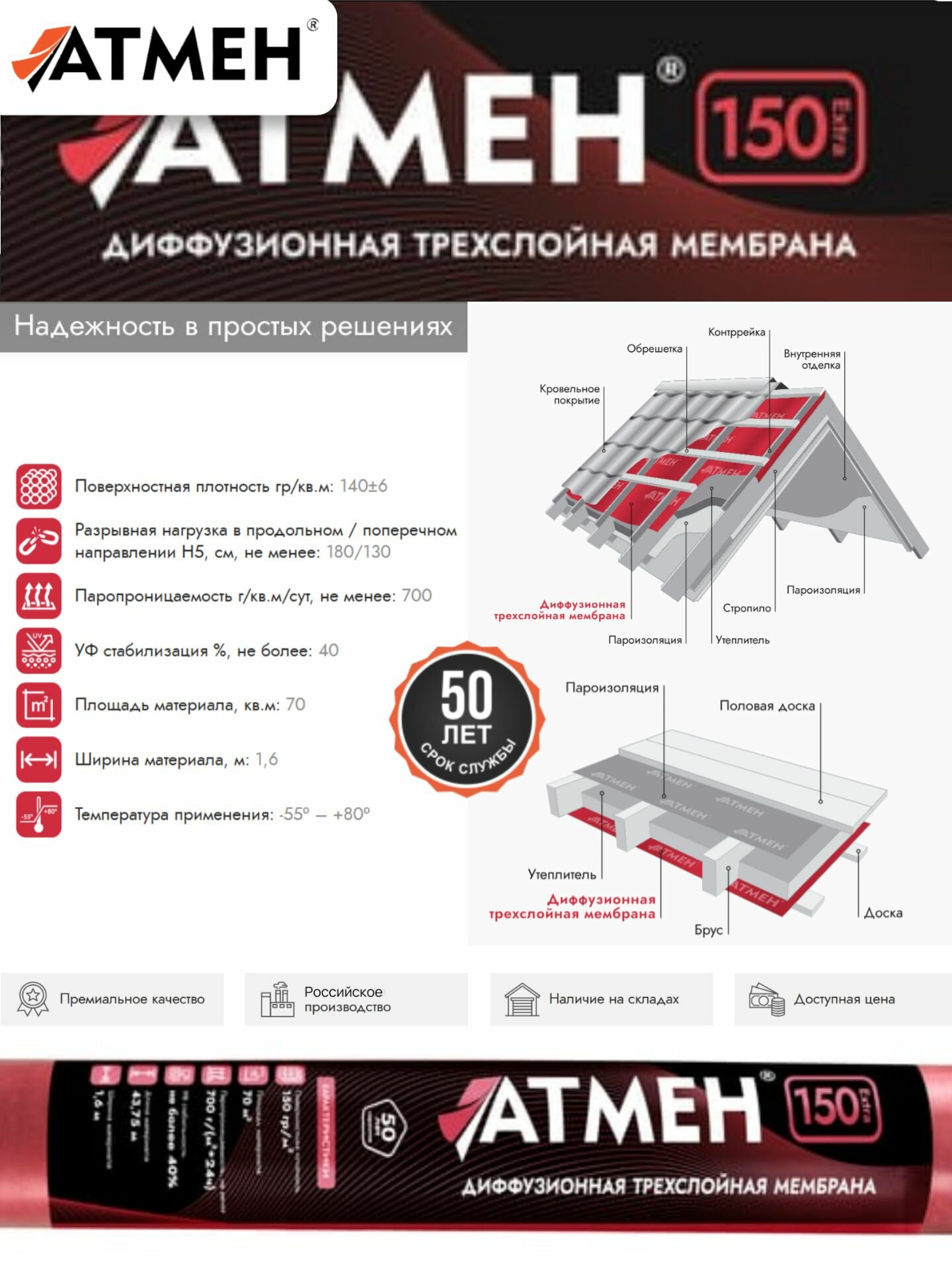 Диффузионная трехслойная мембрана Атмен Extra 150 1,6x43,75 70 кв. м. СТО 24942540-017-2024