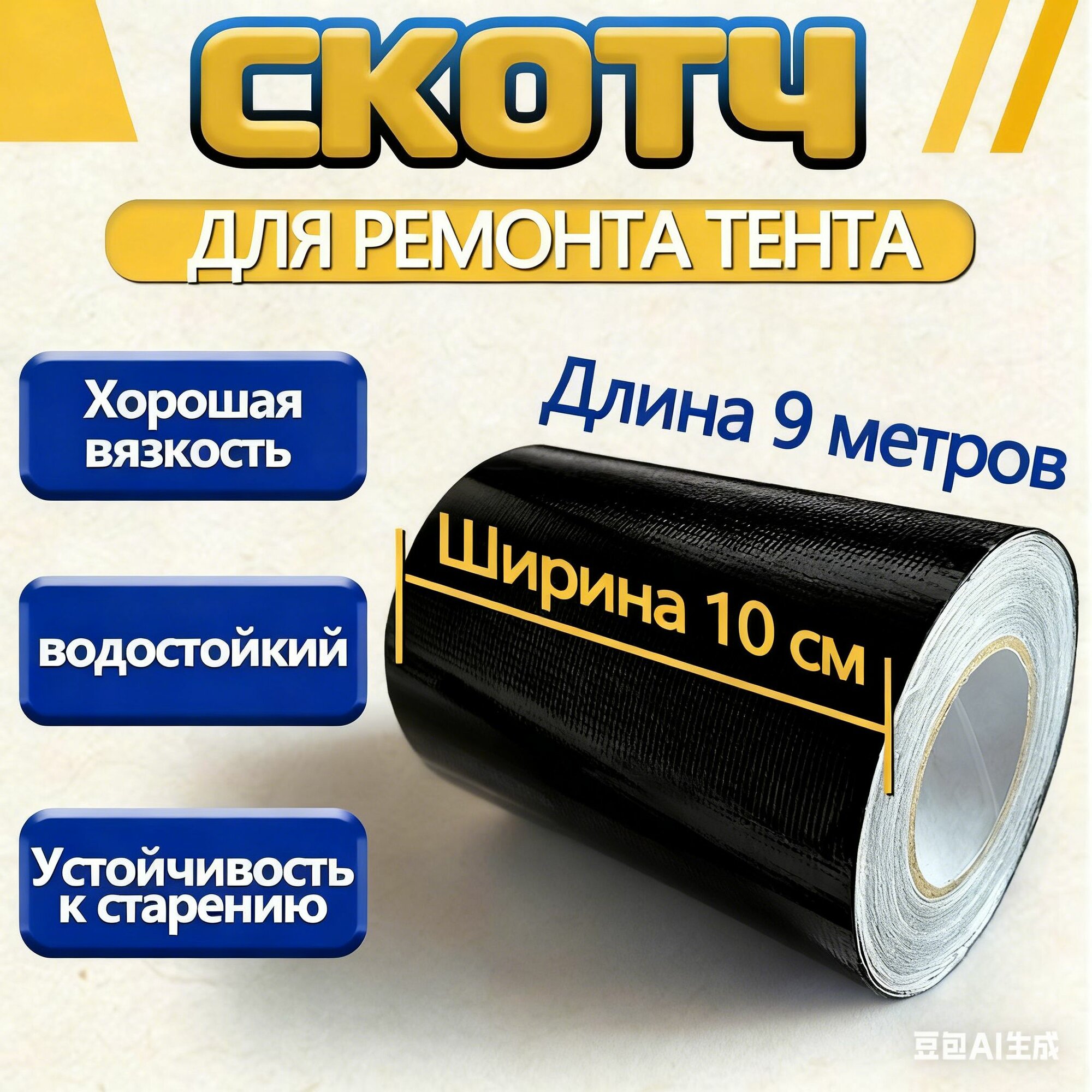 Скотч для ремонта тентов тарпаулин, размер 10 см х 9 м /клейкая лента на тентовую ткань пвх, брезент оксфорд, палатку шатер, бассейн