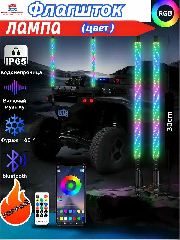 Подсветка флагштока RGB с музыкальным управлением и приложением, 2 шт, голубая, IP65