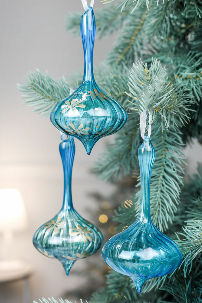 Набор ёлочных украшений капли лазури, стекло, 15 см, 3 шт, Винтер Деко (Winter Deco) 5030061