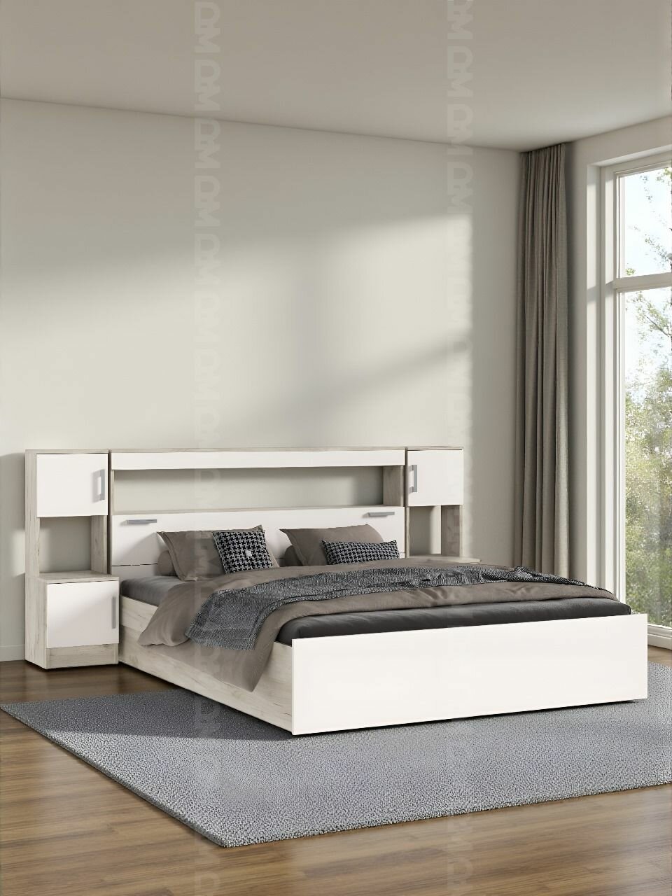 Бася Кровать 1,6м с надстройкой с тумбами (Кашемир, Дуб Крафт серый), МИФ