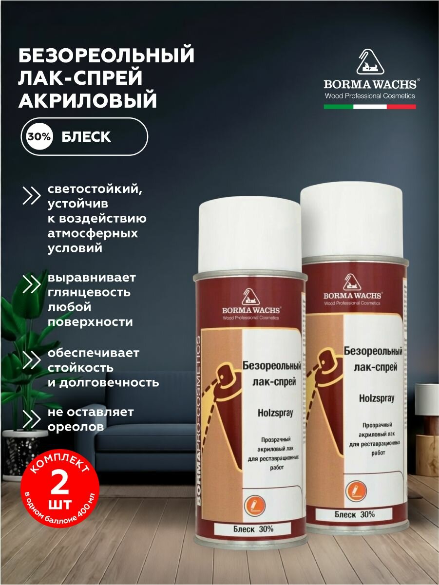 Лак спрей для реставрационных работ акриловый Holzspray 30% блеск 400 мл. х 2 шт.
