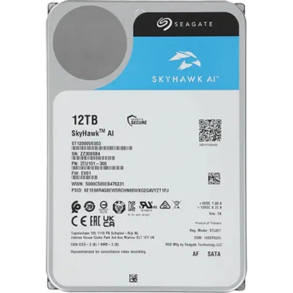 Жесткий диск 12TB Seagate SkyHawkAl (ST12000VE003) SATA 6 Гбит/с, 7200 rpm, 256 mb buffer, для видеонаблюдения