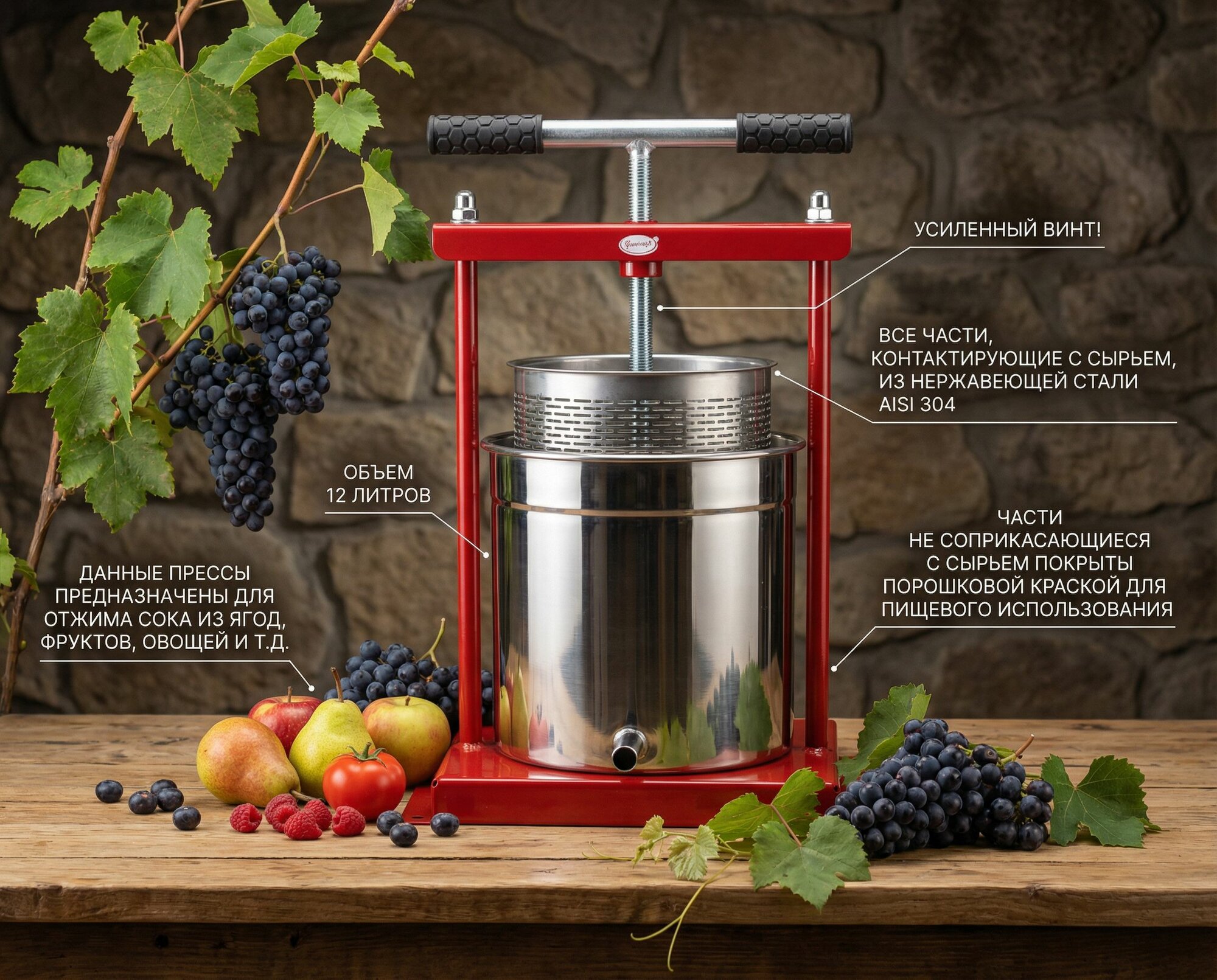 Пресс Умница ПР-12л для отжима сока из винограда, фруктов, ягод, овощей, 12 л