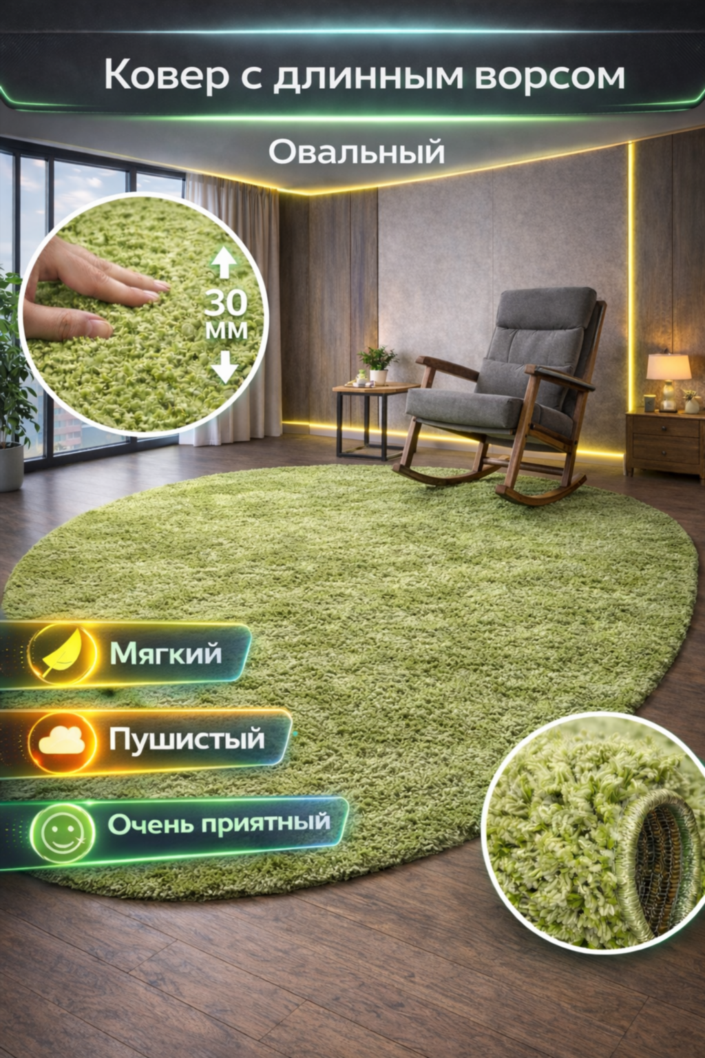 Ковер зеленый овальный с длинным ворсом 30 мм Фьюжн 42811-49022 мягкий пушистый 1x2м