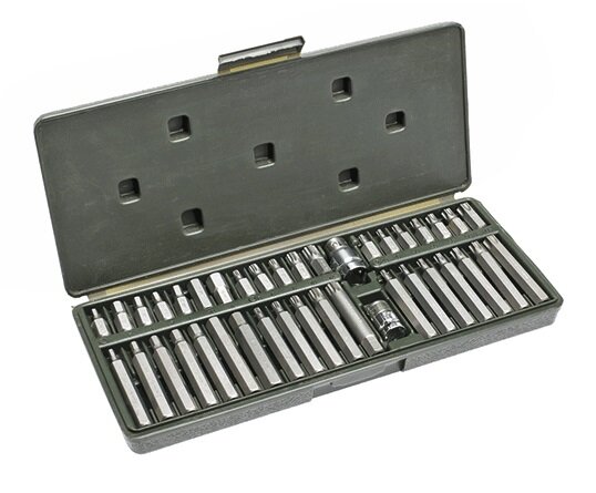 Набор вставок бит TORX (Т), SPLINE (М), 6ти гр. (HEX) 3/8" 1/2" удл. 30, 75мм 40 предм. (ДТ) 627940
