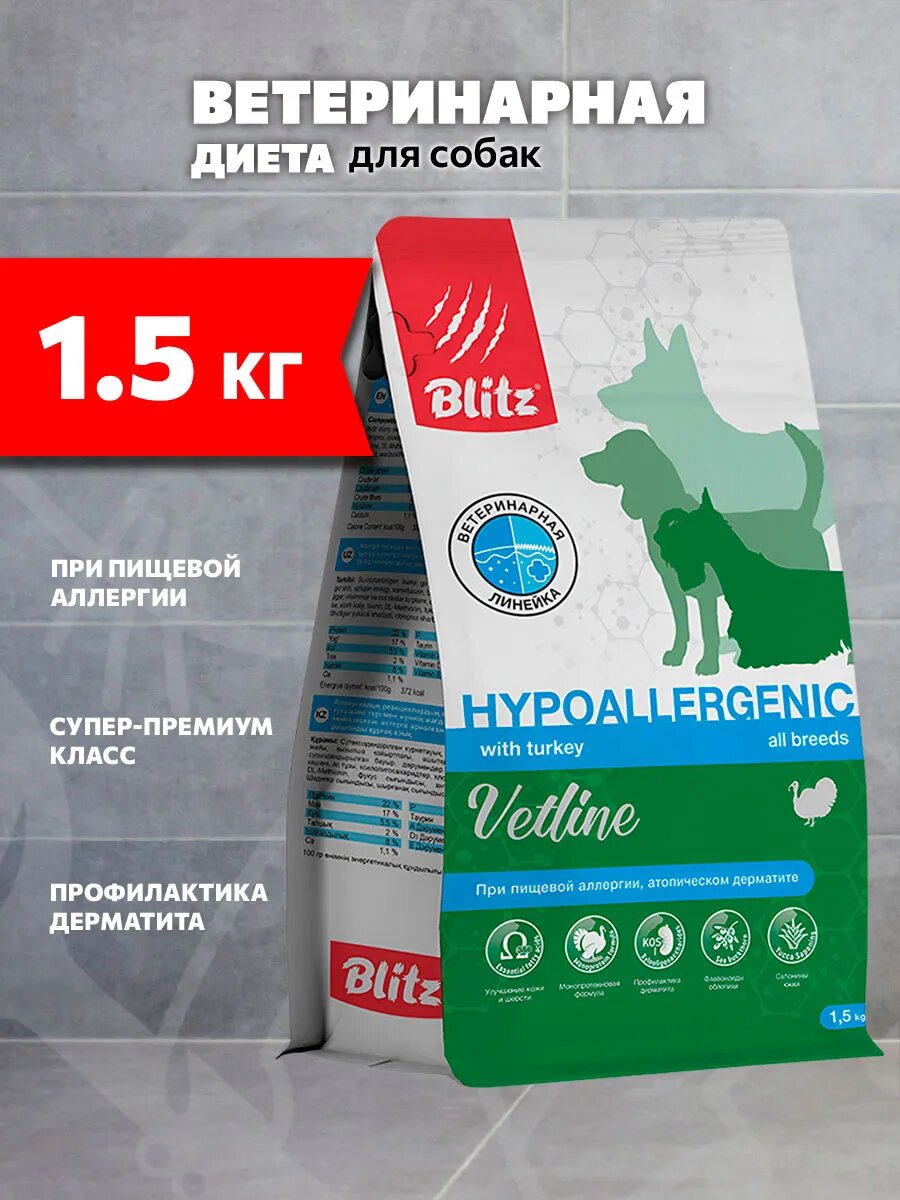 Сухой корм Blitz Hypoallergenic для собак при пищевой аллергии, непереносимости и атопическом дерматите, 1,5 кг