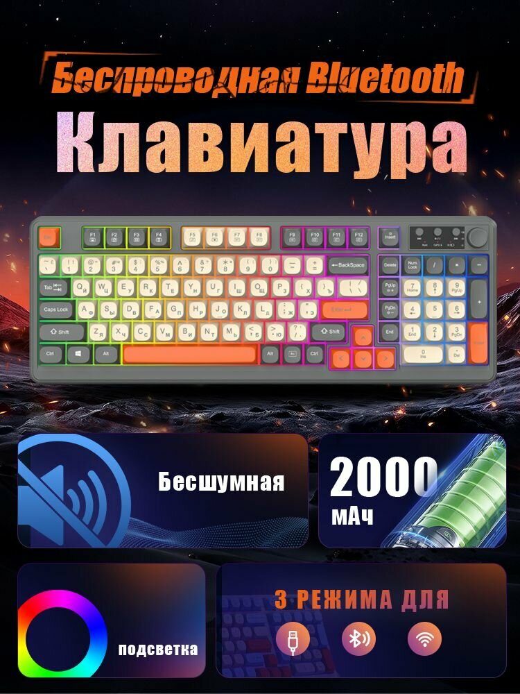 Беспроводная Клавиатура Bluetooth Мембранная Бесшумная С Подсветкой 98 Клавиш Цифровой