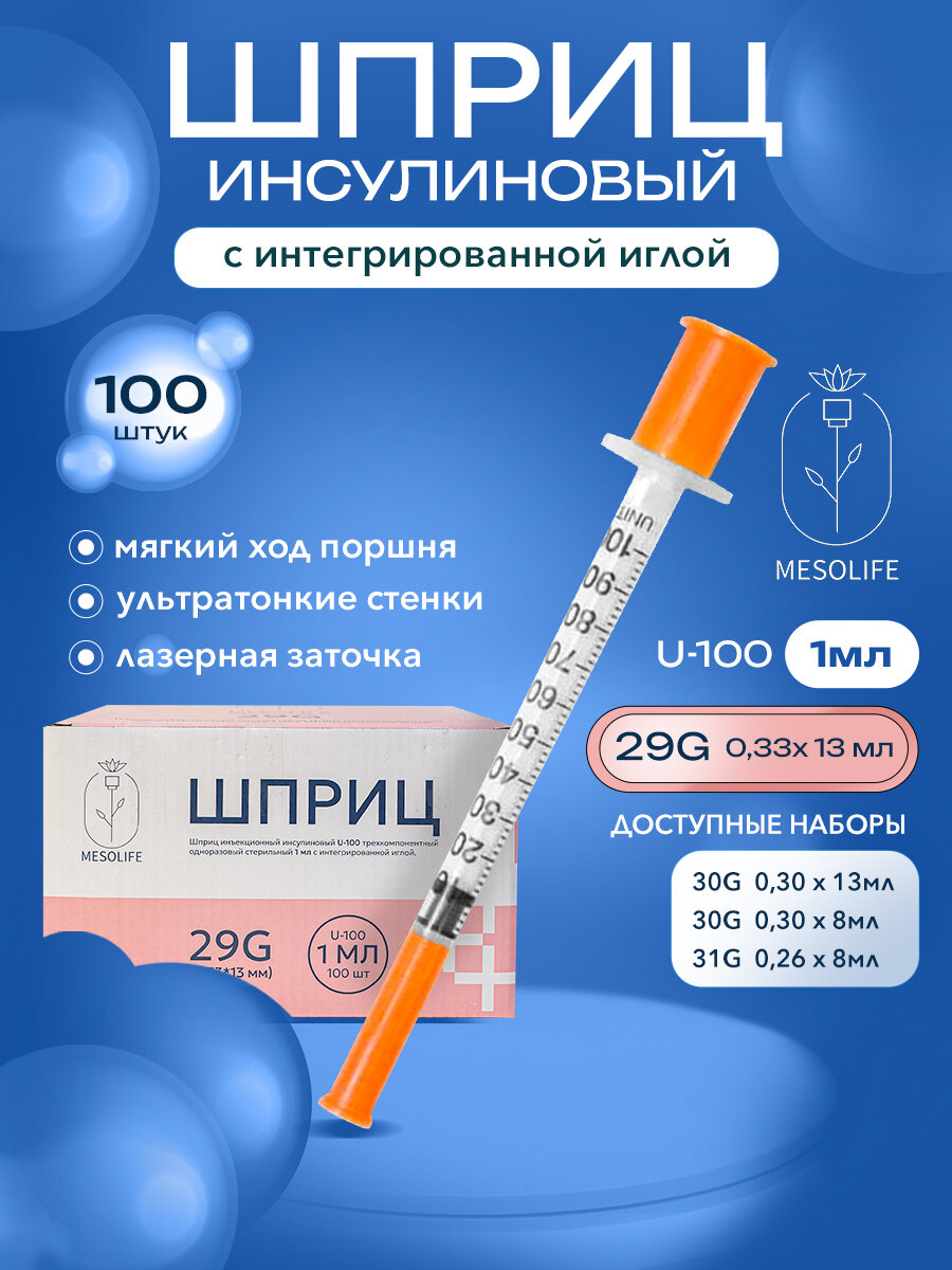 Шприц для инъекций инсулиновый с интегрированной иглой U-100 29G (0,33*13 мм)