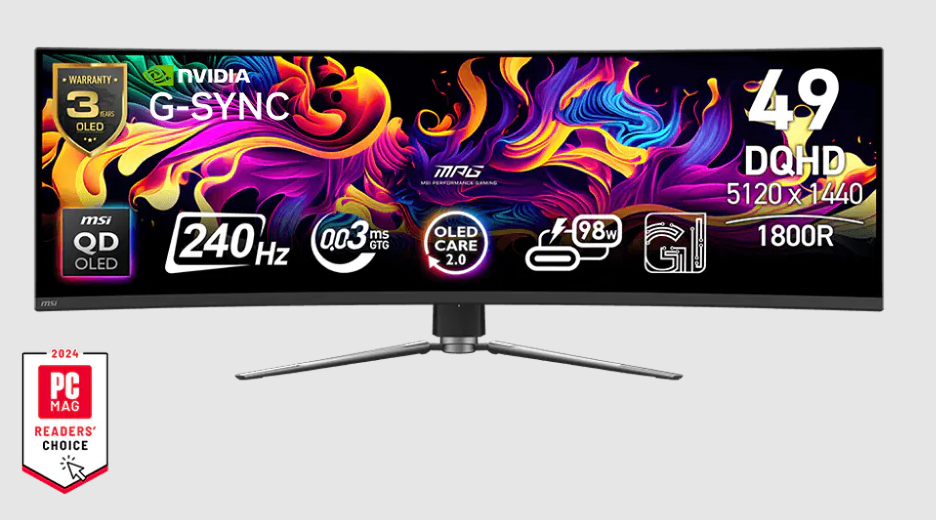 Монитор MSI 49" MPG 491CQPX QD-OLED 1800R, 32:9, QD-OLED, DQHD, 0,03ms, 250cd, 240Hz, HDMI, DP, USB, USB-C, HAS