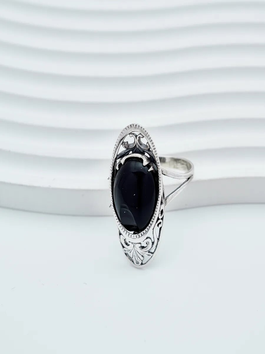 Кольцо БРЮС, серебро, 925 проба, обсидиан
