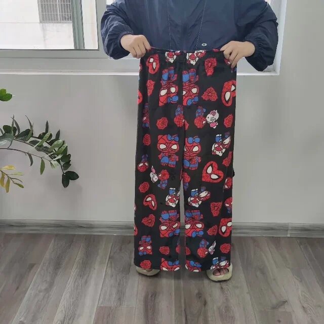 Новинка 2024 года, пижамные штаны с изображением Человека-паука, аниме Hello Kitty, мягкие повседневные фланелевые брюки с рисунком из мультфильма, домашние брюки, подарки для пар, Размер: M (35-50 кг)