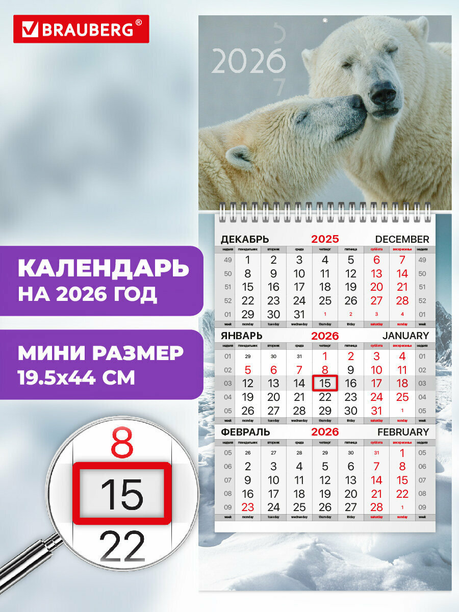 Мини календарь настенный квартальный отрывной 1 блок на гребне 2026 год, Brauberg, Арктика, 116846