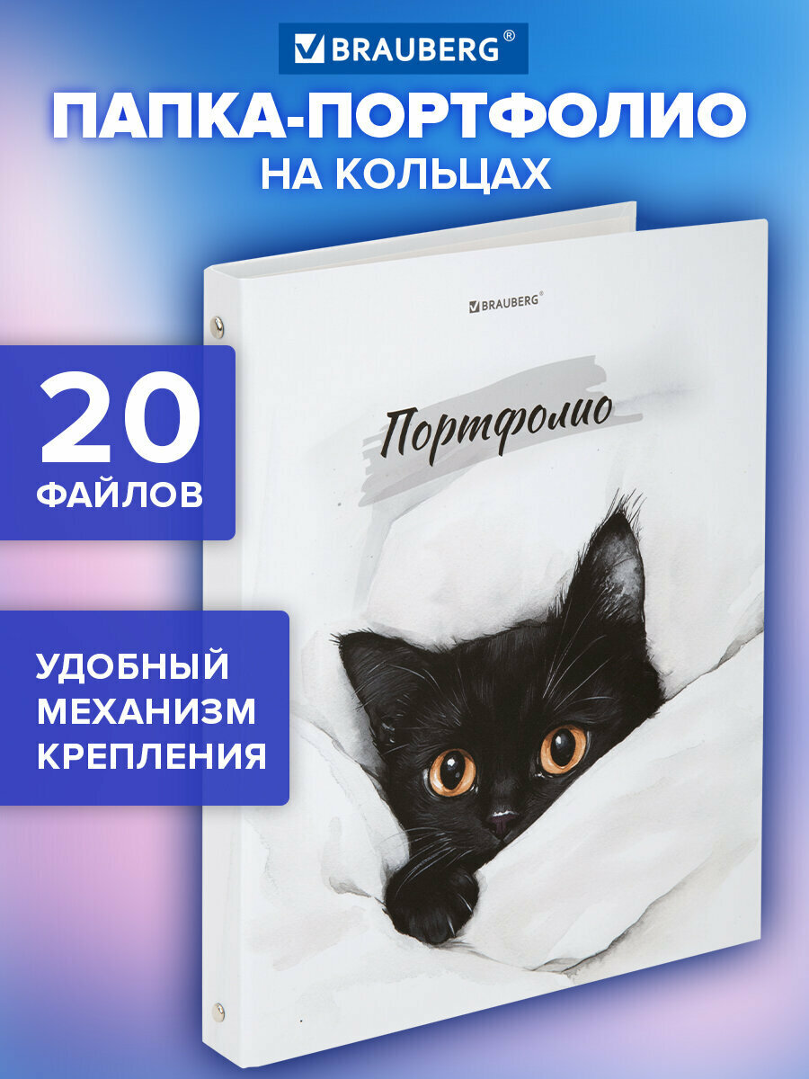 Портфолио школьника, папка А4 на кольцах 7БЦ матовая, 20 файлов, для девочек и мальчиков, Brauberg Cat, 117557