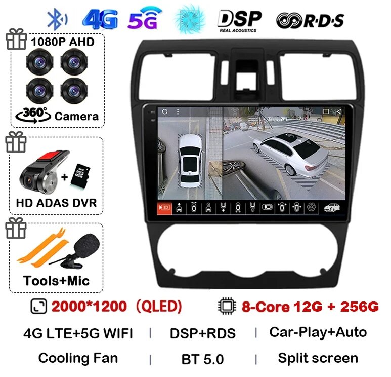 Автомагнитола Carplay для Subaru Forester 4 SJ XV WRX 2012 2013 2014 2015 2016-2018, мультимедийный автомобильный радиоплеер с Wi-Fi и стереозвуком 4G, Android 14 2K 12G-256G 360 DVR
