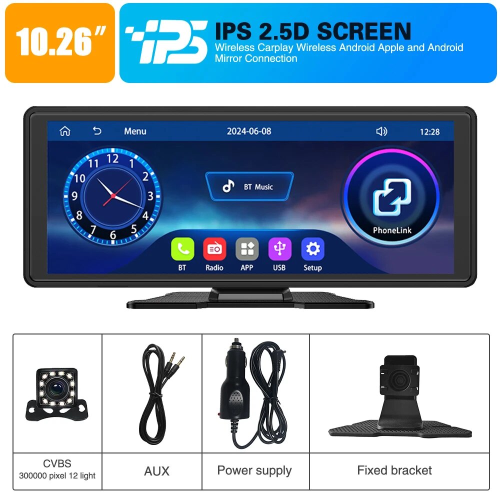 Универсальный портативный Carplay для автомобильного экрана, беспроводной экран Carplay, беспроводная автомобильная стереосистема с Carplay Android Auto, сенсорный экран автомобиля 10.26 -12led