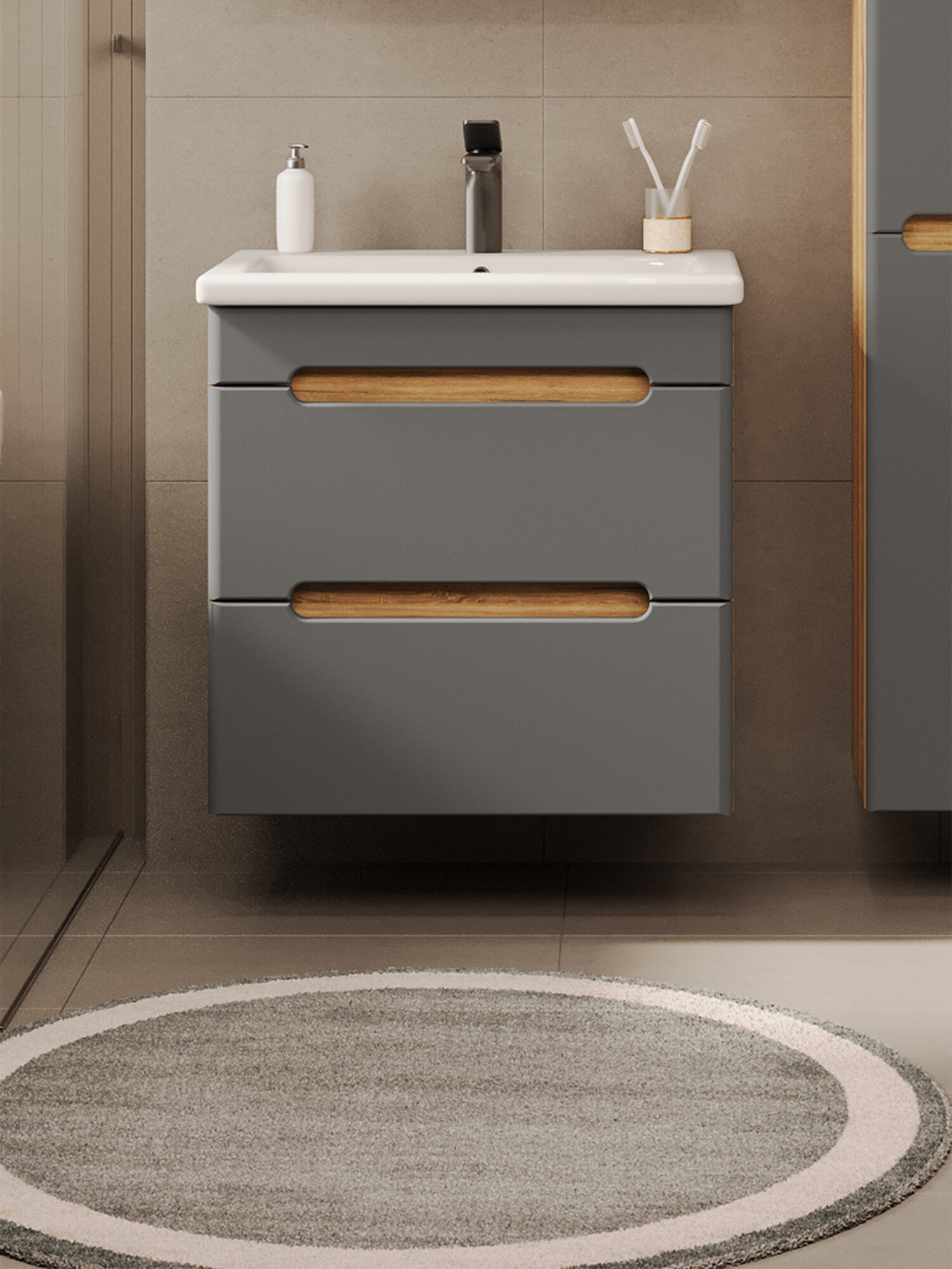Тумба подвесная Vannika Canto 50 с раковиной Como 50 для ванной комнаты, дуб вотан, графит софт