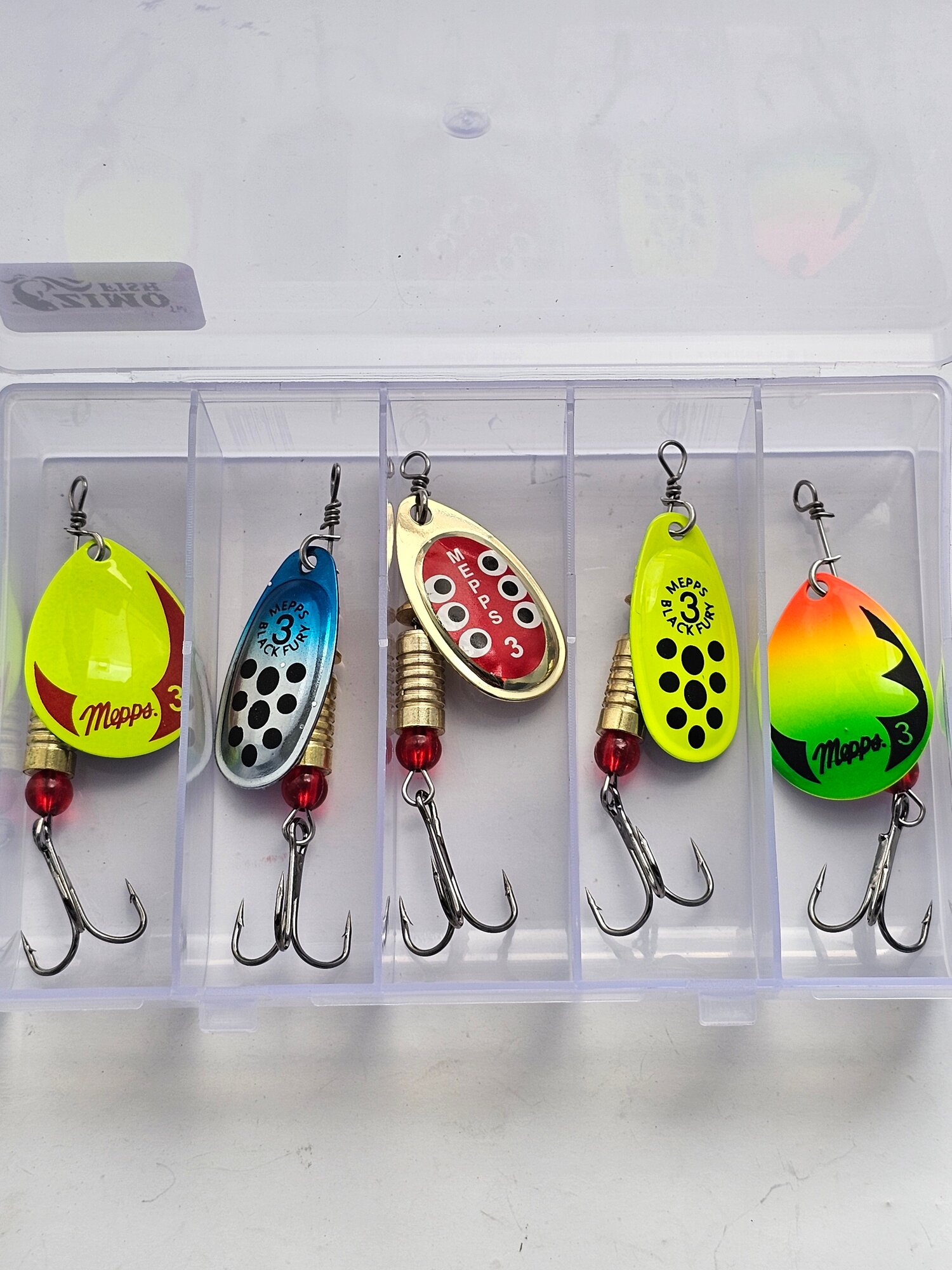 Набор блёсен Вертушки Meps 3 грамма в прозрачном боксе 5 шт для летней рыбалки