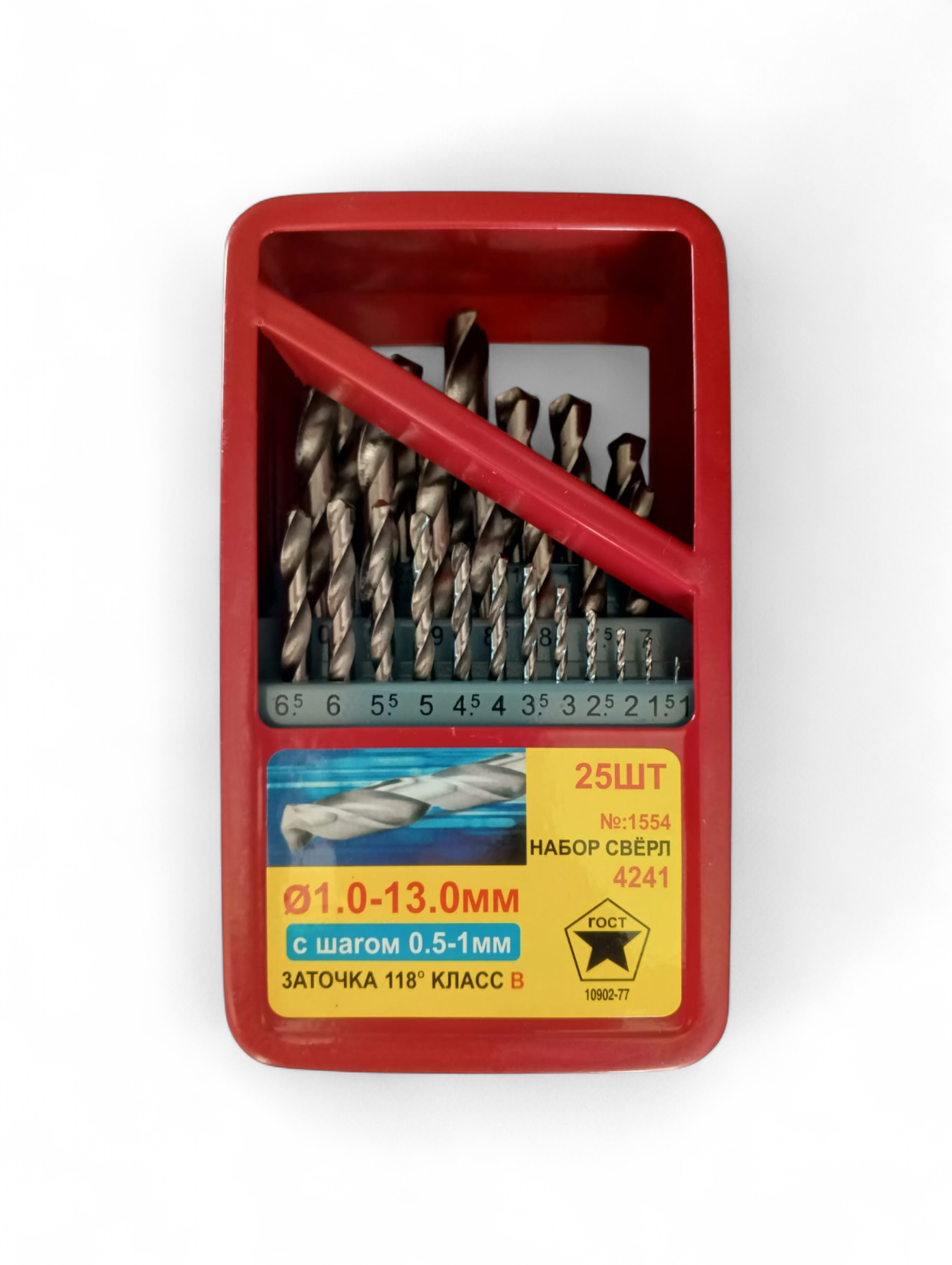 Набор свёрл по металлу №1554, диаметр 1-13мм, с шагом 0,5-1мм, 25шт в железном кейсе