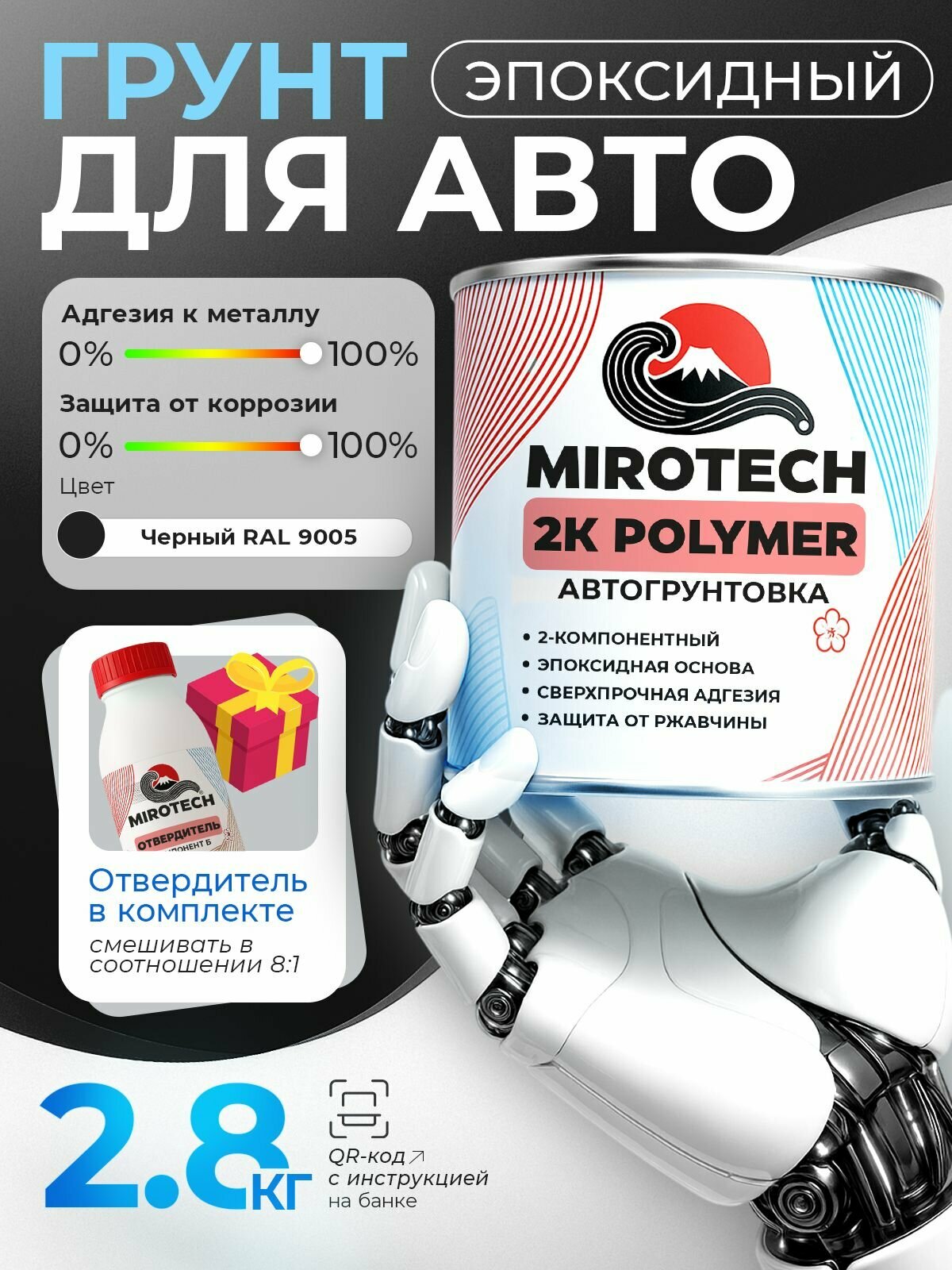 2К автогрунтовка двухкомпонентная MiroTech Polymer/ Эпоксидный грунт для авто антикоррозионный высокопрочный, цвет черный RAL 9005 (2,5 кг + 0,25 кг отвердитель)
