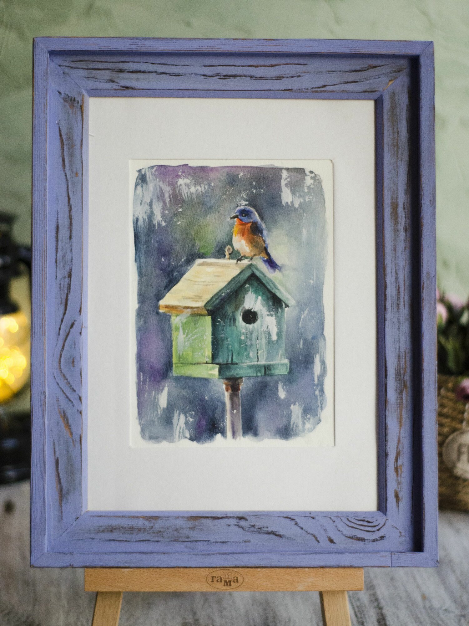 Картина ручной работы в раме "Домик лазурной птички" 14x20см