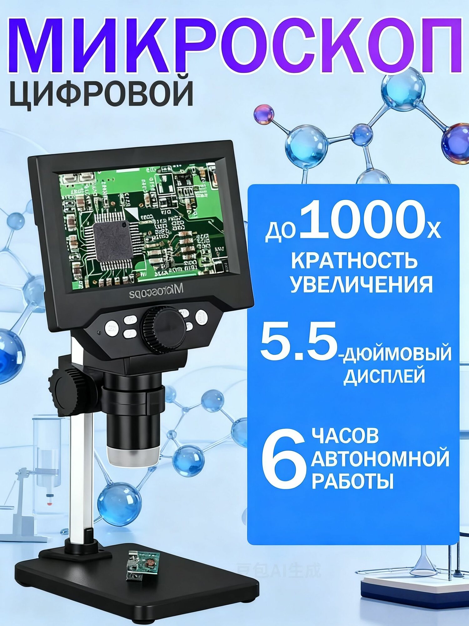 Микроскоп цифровой для пайки, 5,5 ЖК-дисплей, 1000-кратное увеличение, 8 светодиодов