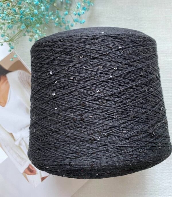 Пряжа Пайетки 2мм на хлопке (микропайетки) 2-008 черный с черными блестящими пайетками т1в (200г)