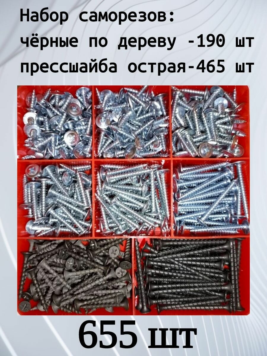 Набор саморезов с прессшайбой и чёрных по дереву в кейсе 655 шт.