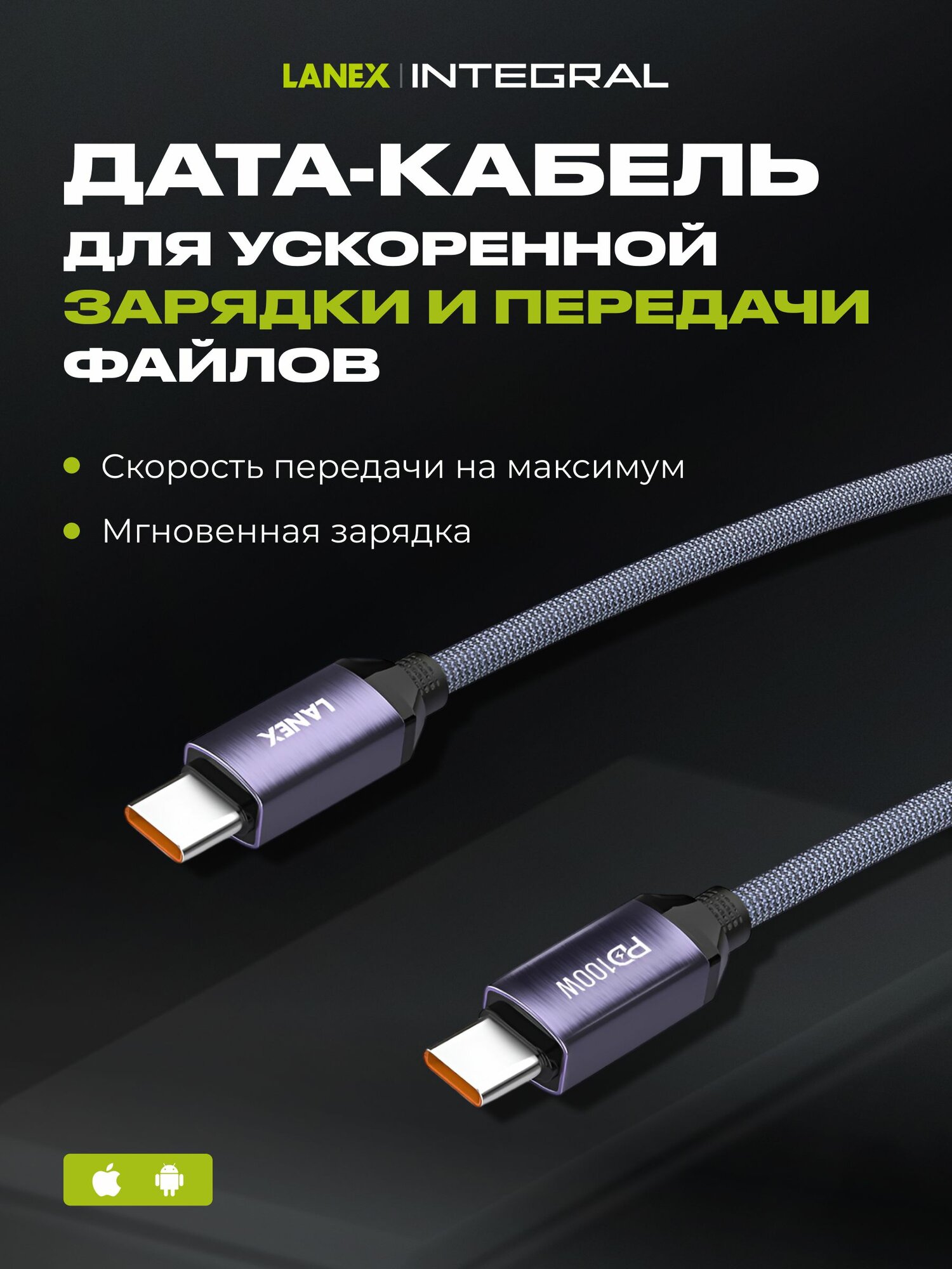 Кабель Type-C Type-C 1 м - для сверхбыстрой зарядки PD 100W и передачи данных - LANEX LS50CC (фиолетовый)