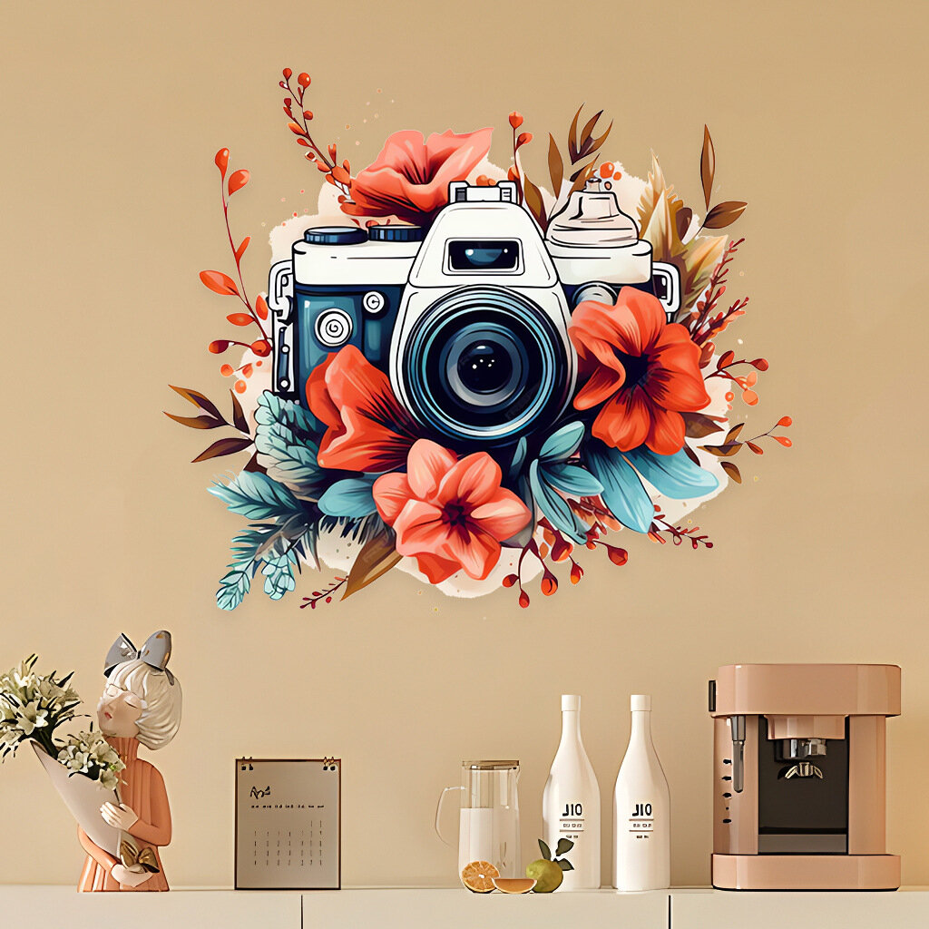 Наклейки на стену в виде винтажной камеры с красными цветами, виниловые обои для гостиной, спальни, кафе, студии, декор, самоклеящиеся, водостойкие, съемные, из ПВХ, для художественного оформления фотографий