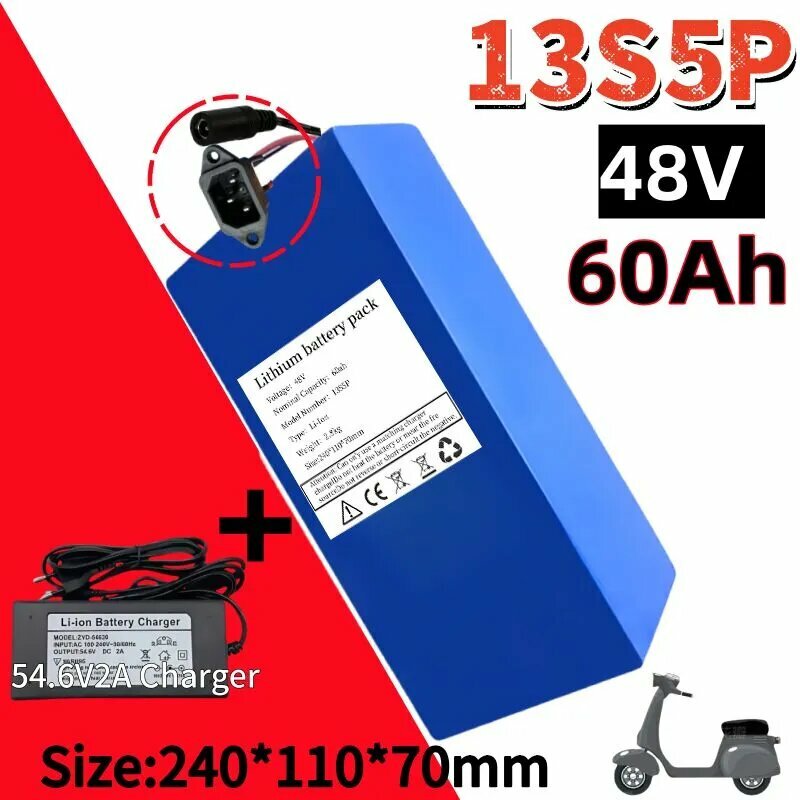 2025 Электрический велосипед высокой мощности 13S5P 48V 50ah 18650 Аккумулятор для скутера 1500 Вт + BMS Защита + Зарядное устройство