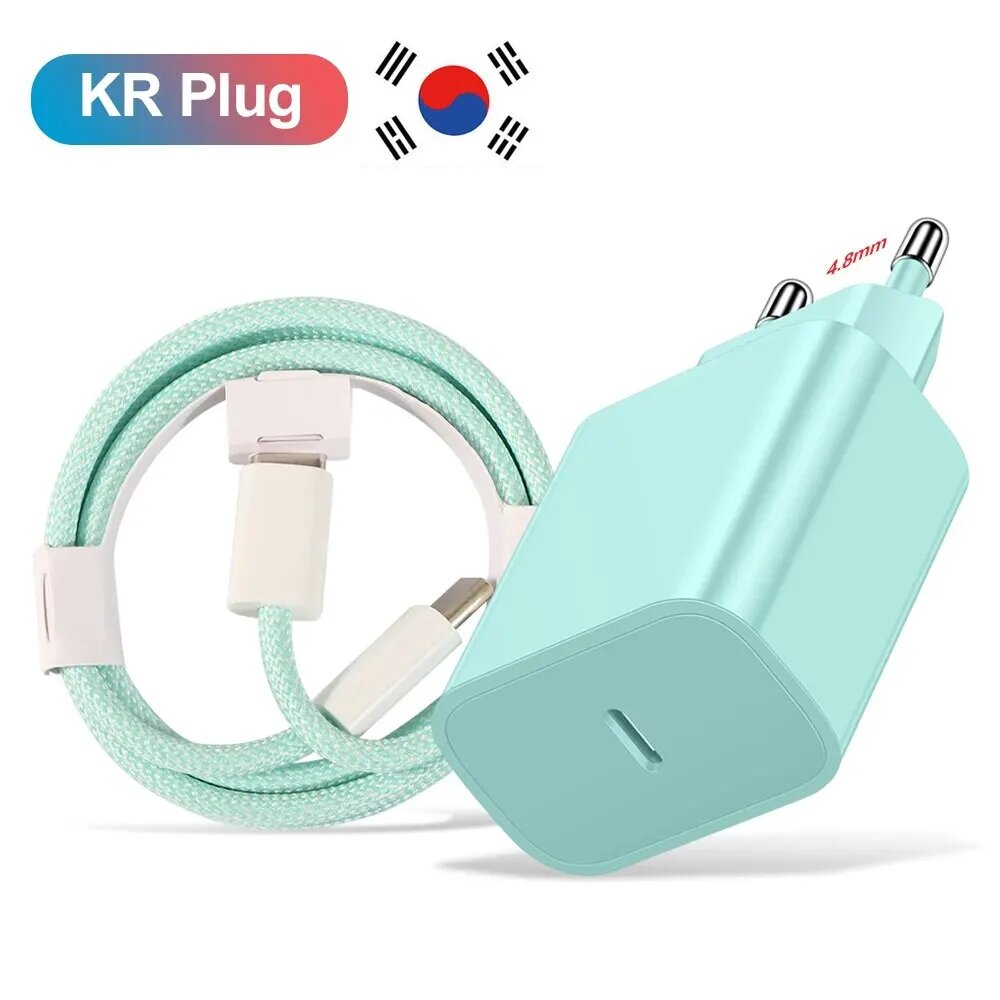 Быстрое Зарядное Устройство PD USB C Type C 20 Вт Для iPhone 15 Xiaomi Redmi KR Green With Cable