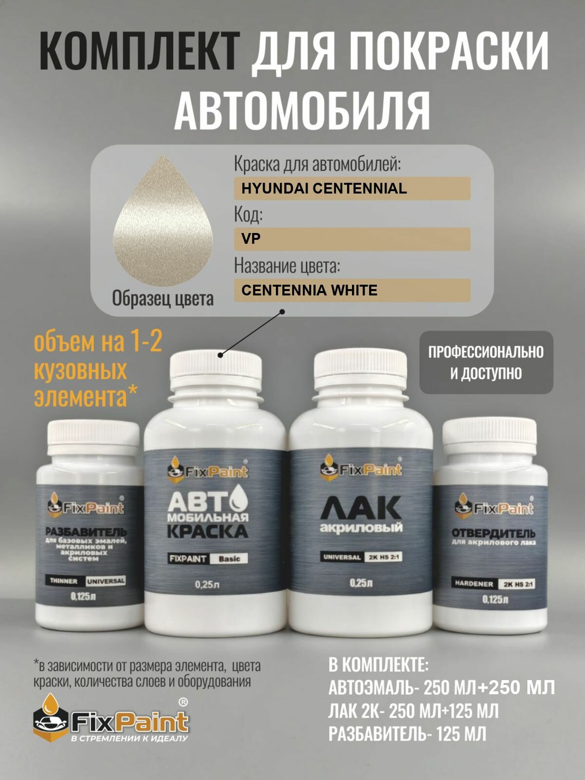 Комплект для покраски HYUNDAI CENTENNIAL, код VP, Трехслойная CENTENNIA WHITE, базовая автомобильная эмаль 500 мл, лак 2K 250 мл с отвердителем, разбавитель 125 мл, FixPaint Pro