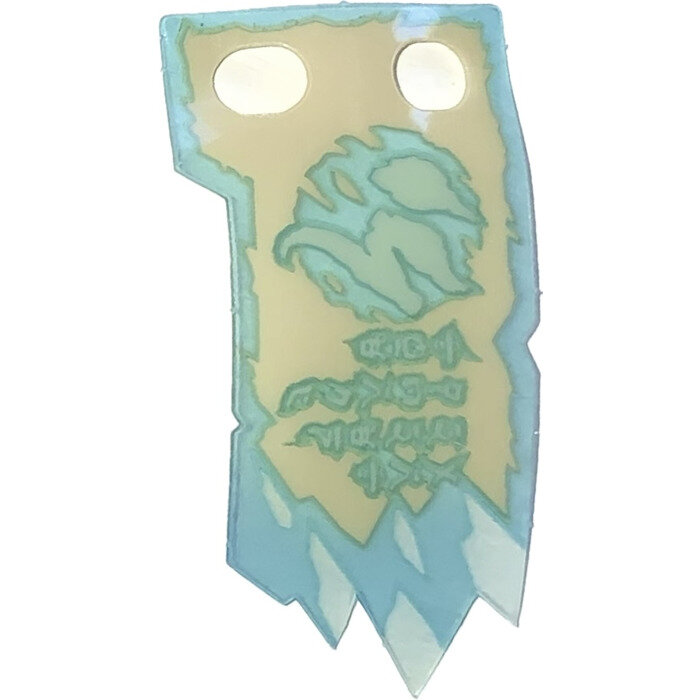Plastic Part for Sets 70673, 70674, 70675, 70676, 70677, 70678, and 70684 - Tan Tattered Flag with Trans-Light Blue Border, White Ice, Light Aqua Ninjago Logogram Letter S and 'THE FORBIDDEN ART' Pattern, multipls16b Trans-Light Blue U