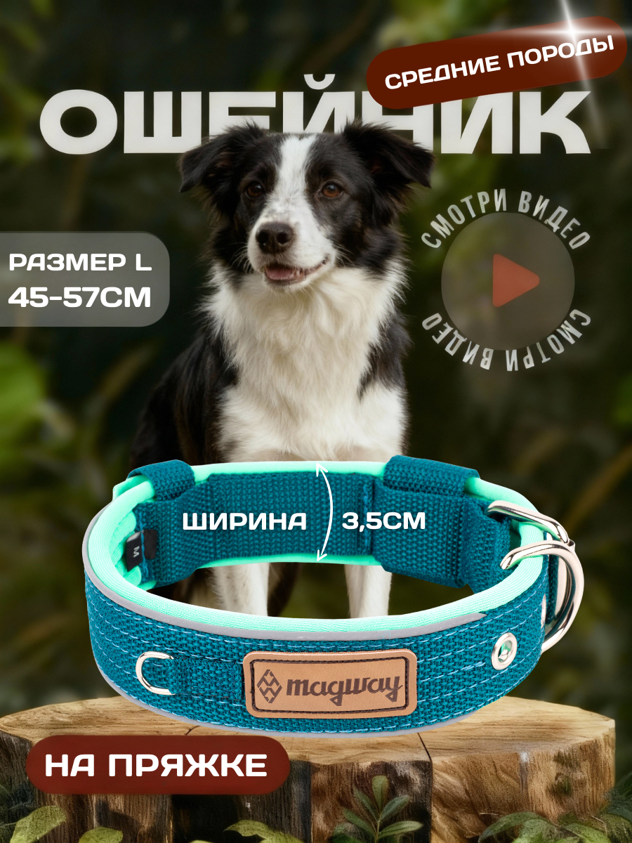 Ошейник для средних и крупных пород MagWay широкий 3,5см, мягкий, на неопрене, для щенков и взрослых, обхват шеи 45-57см, цвет бирюзовый