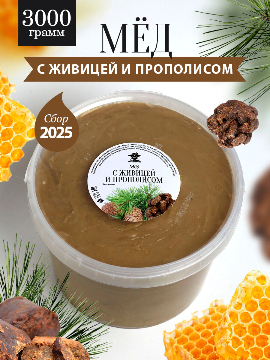 Мед с живицей и прополисом 3000 г, для иммунитета, полезный подарок