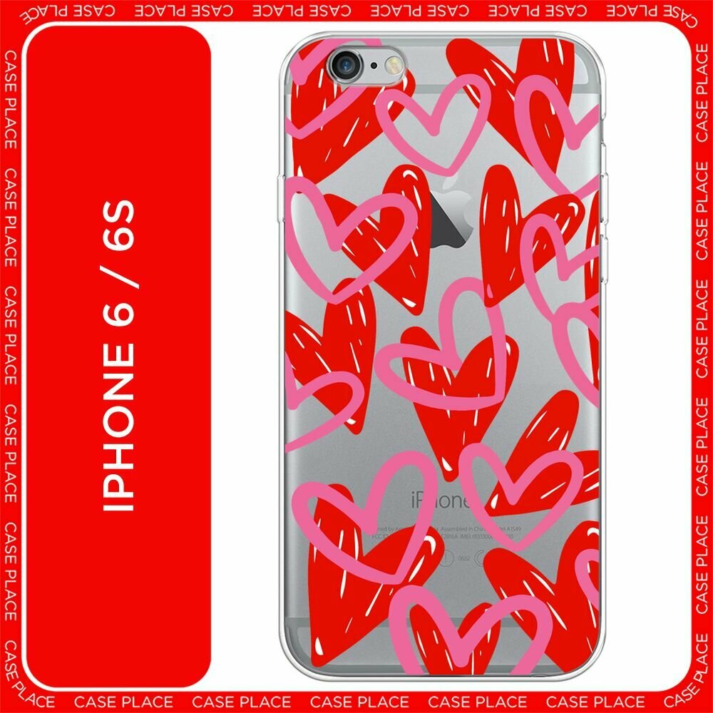 Чехол на Apple iPhone 6 / Айфон 6 с принтом "Hearts doodles - 14 февраля", прозрачный