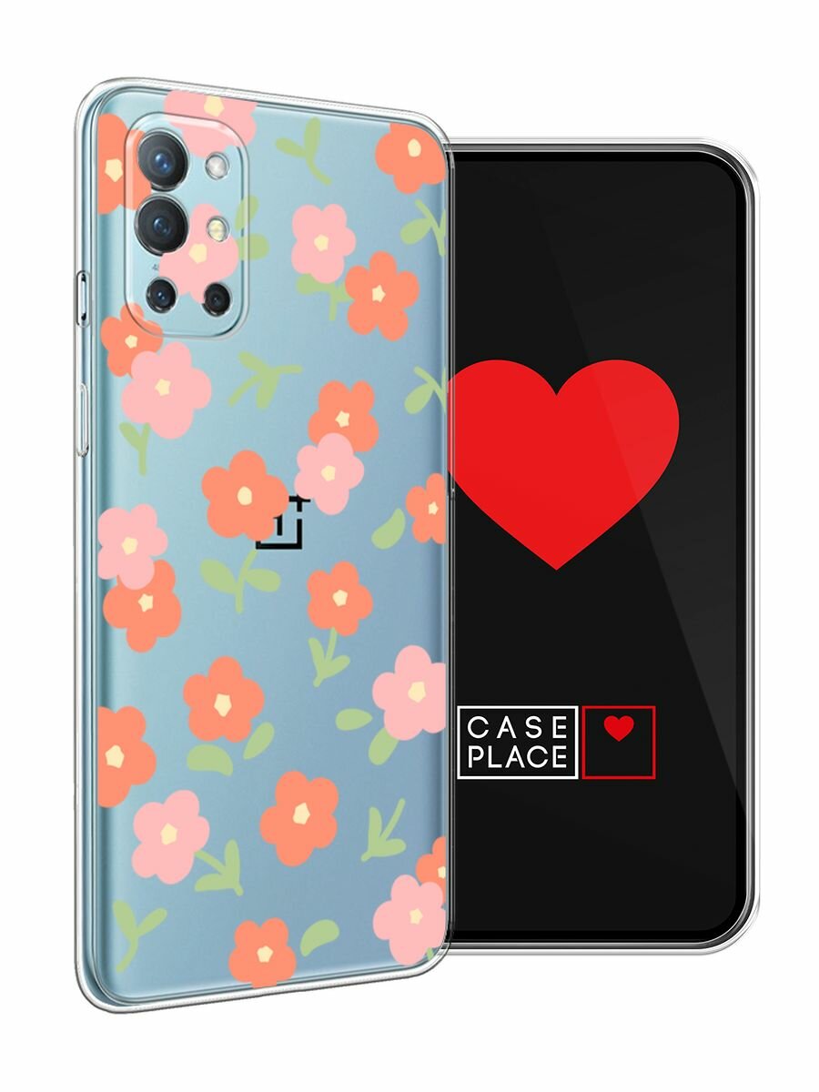 Чехол на OnePlus 9R / ВанПлас 9R с принтом "Красные цветочки рисунок", прозрачный — фото 1