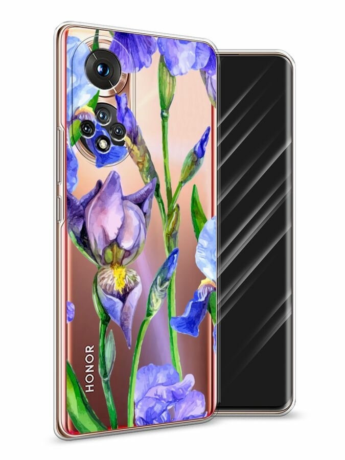 Чехол на Honor 50/Huawei Nova 9 / Хонор 50/Хуавей Нова 9 с принтом "Синие ирисы", прозрачный