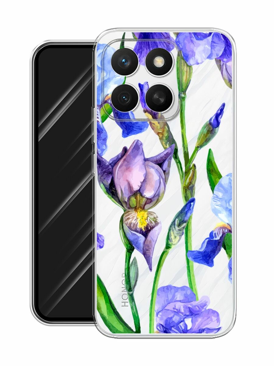 Чехол на Honor X8c / Хонор X8c с принтом "Синие ирисы", прозрачный — фото 1