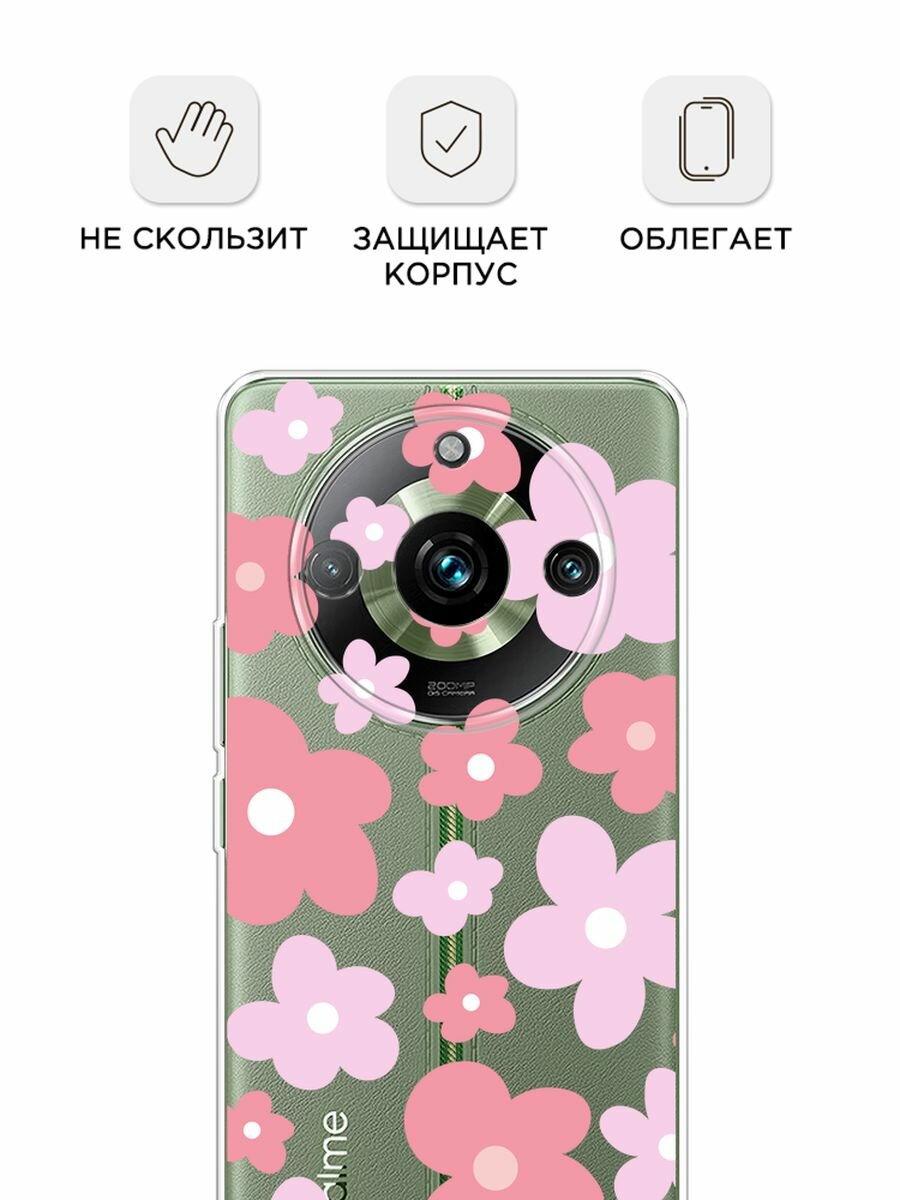 Чехол на Realme 11 Pro / Реалми 11 Про с принтом "Нежные розовые цветочки рисунок", прозрачный — фото 1